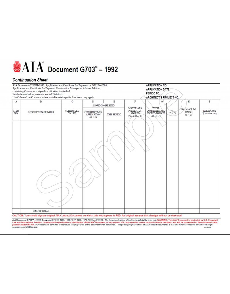 G703–1992, Continuation Sheet for G702 - AIA Bookstore
