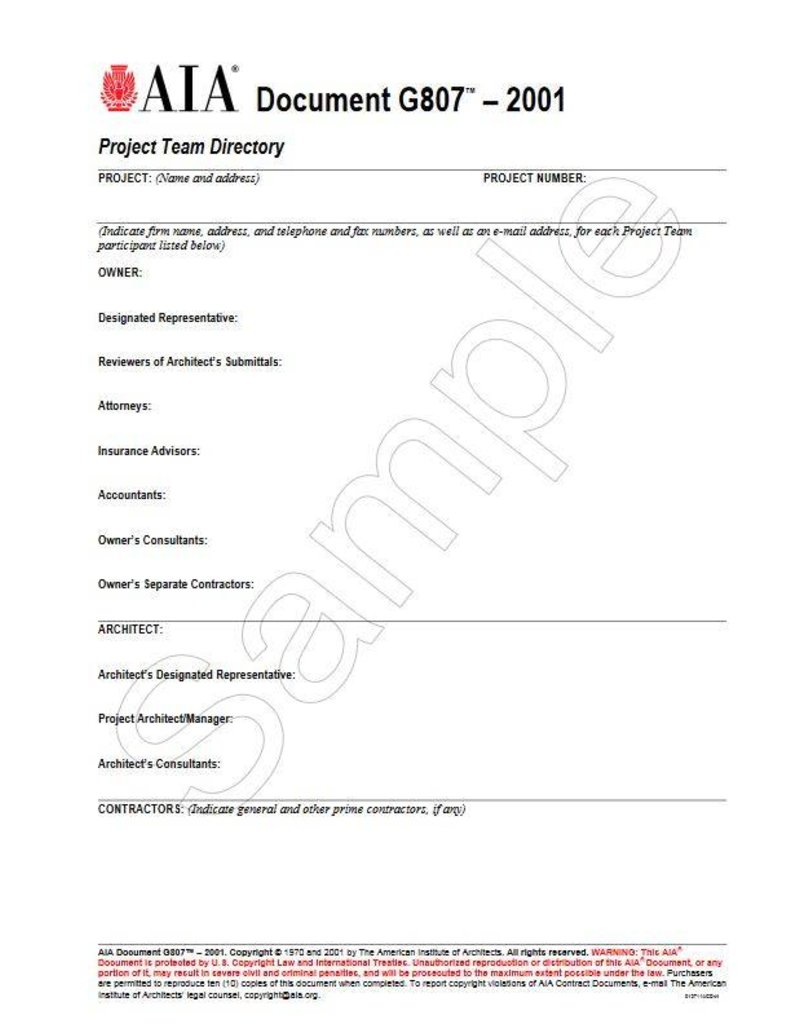 G807–2001, Project Team Directory - AIA Bookstore