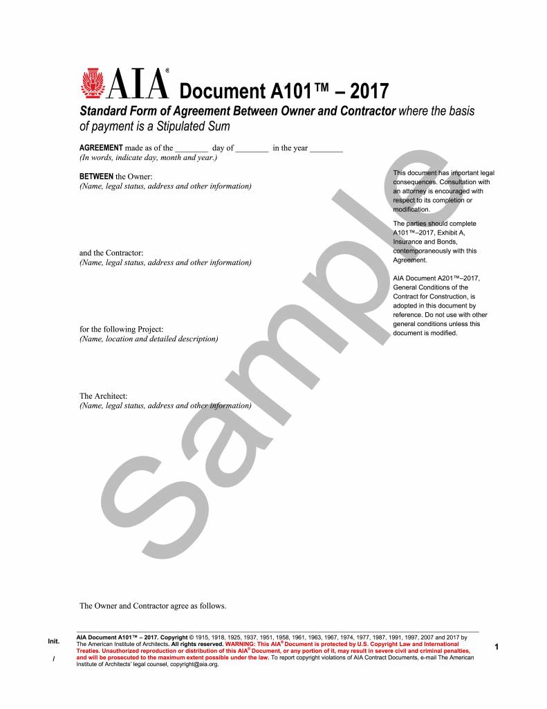 A101 2017 Standard Form Of Agreement Between Owner And Contractor 